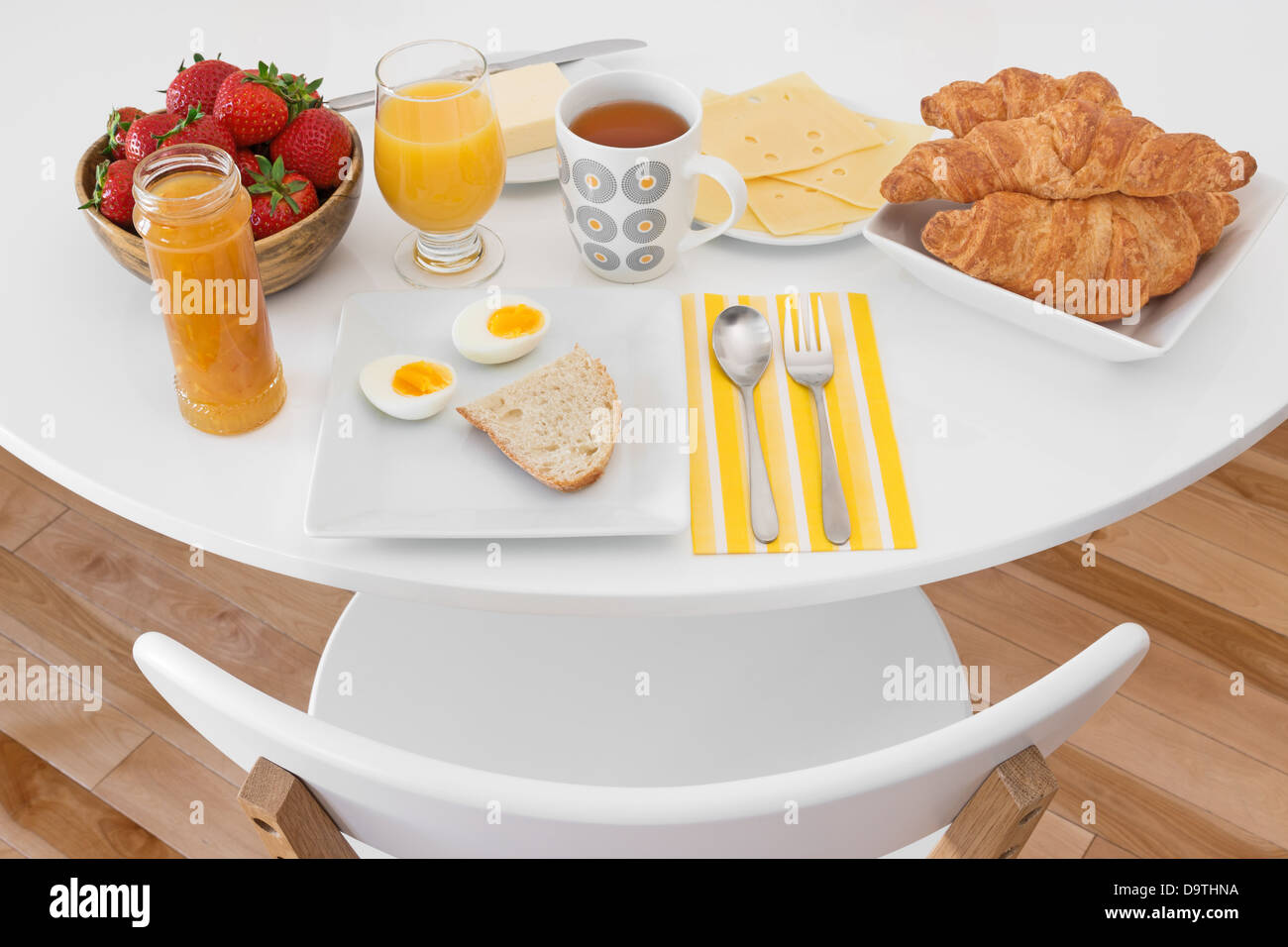 Breakfast is ready. White round table with healthy morning meal Stock ...