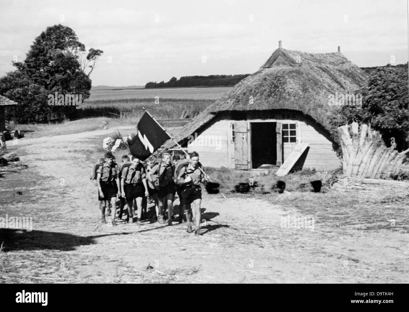 Boys of the German youth marching through a town in north Germany, with ...