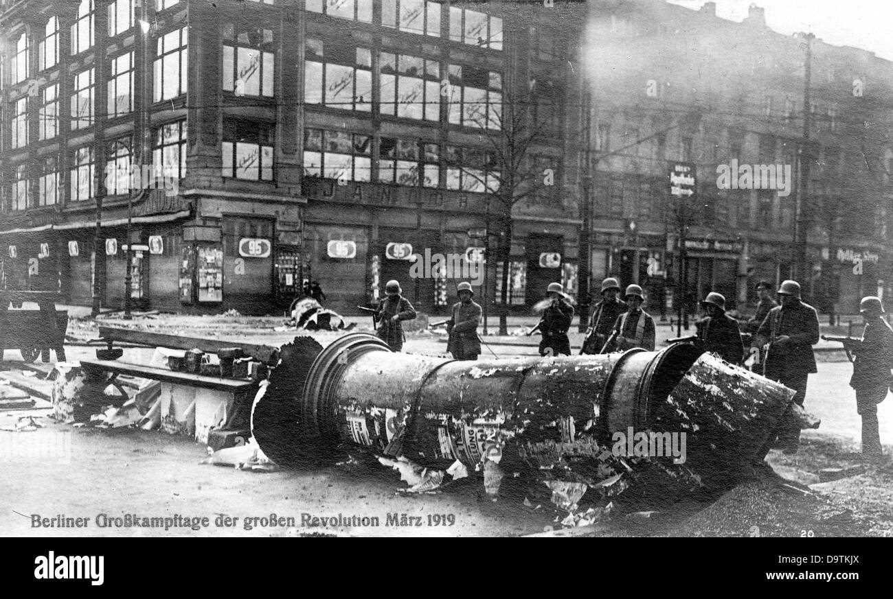 German Revolution 1918/1919: Street barricades made from an advertising ...