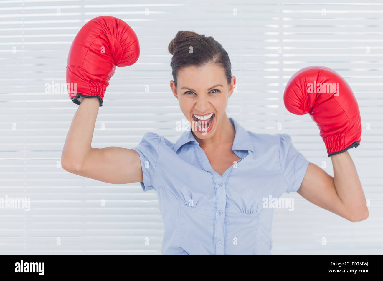 Businesswoman in boxing gloves cheering Stock Photo - Alamy
