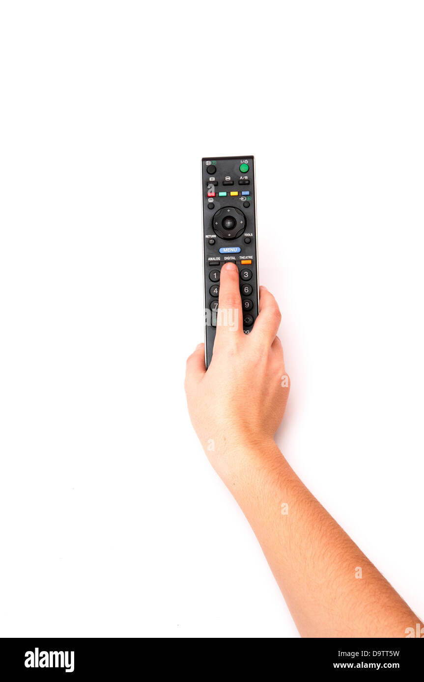 hand holding a TV remote control on a white background Stock Photo - Alamy