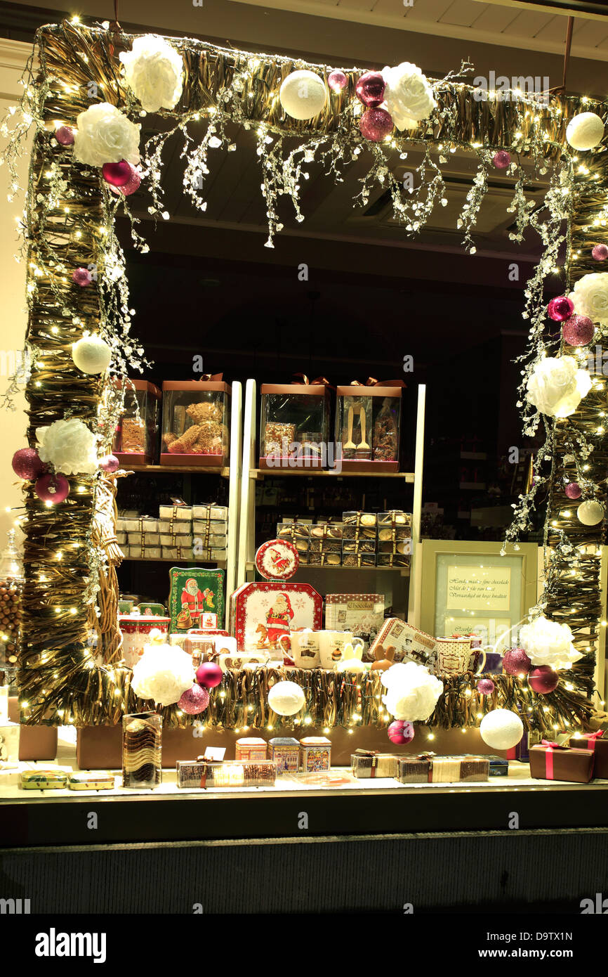Belgium chocolate shop window display at christmas time, Market place ...