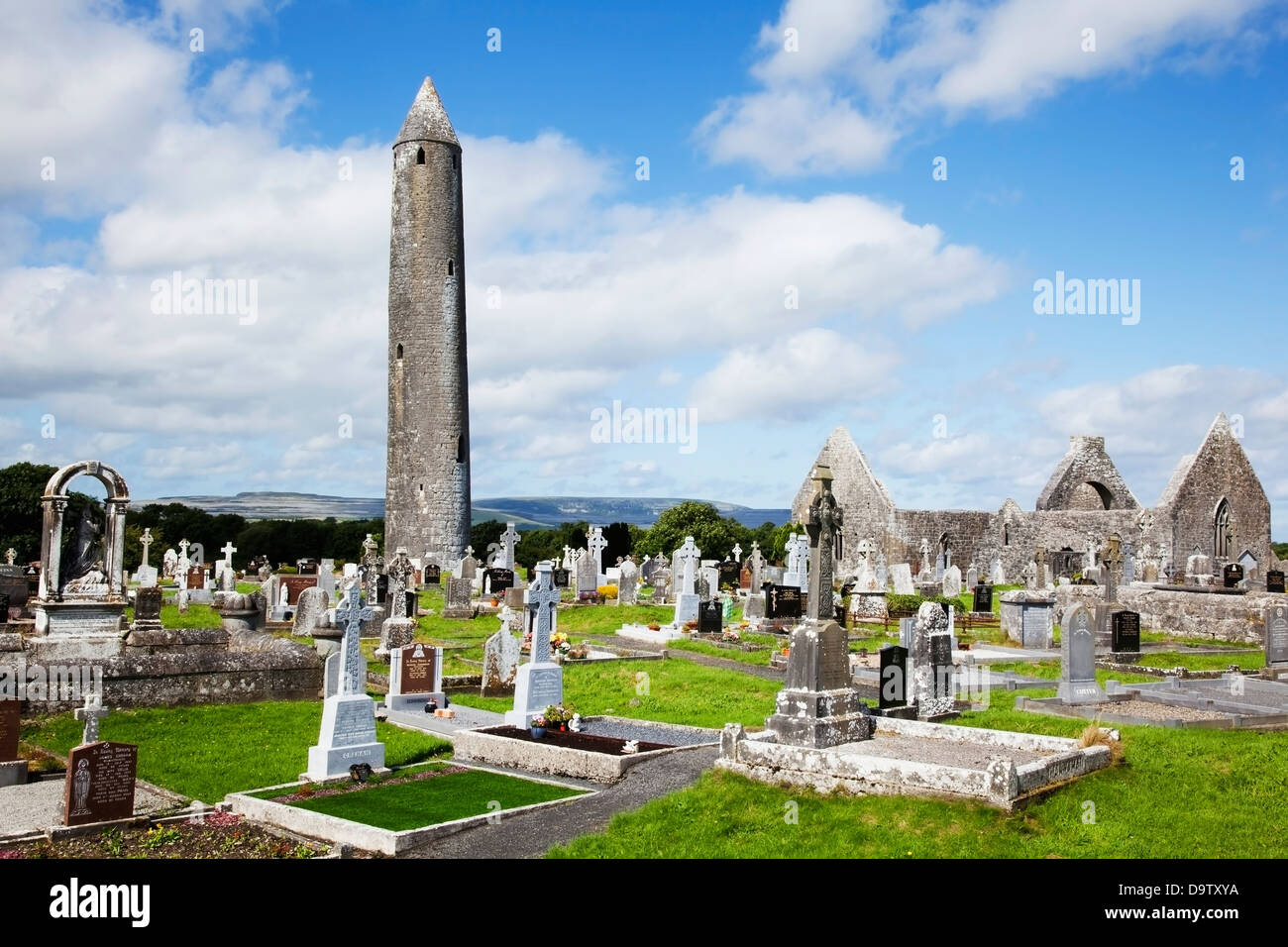 Round tower and cemetery at kilmacduagh monastery;Kilmacduagh county ...