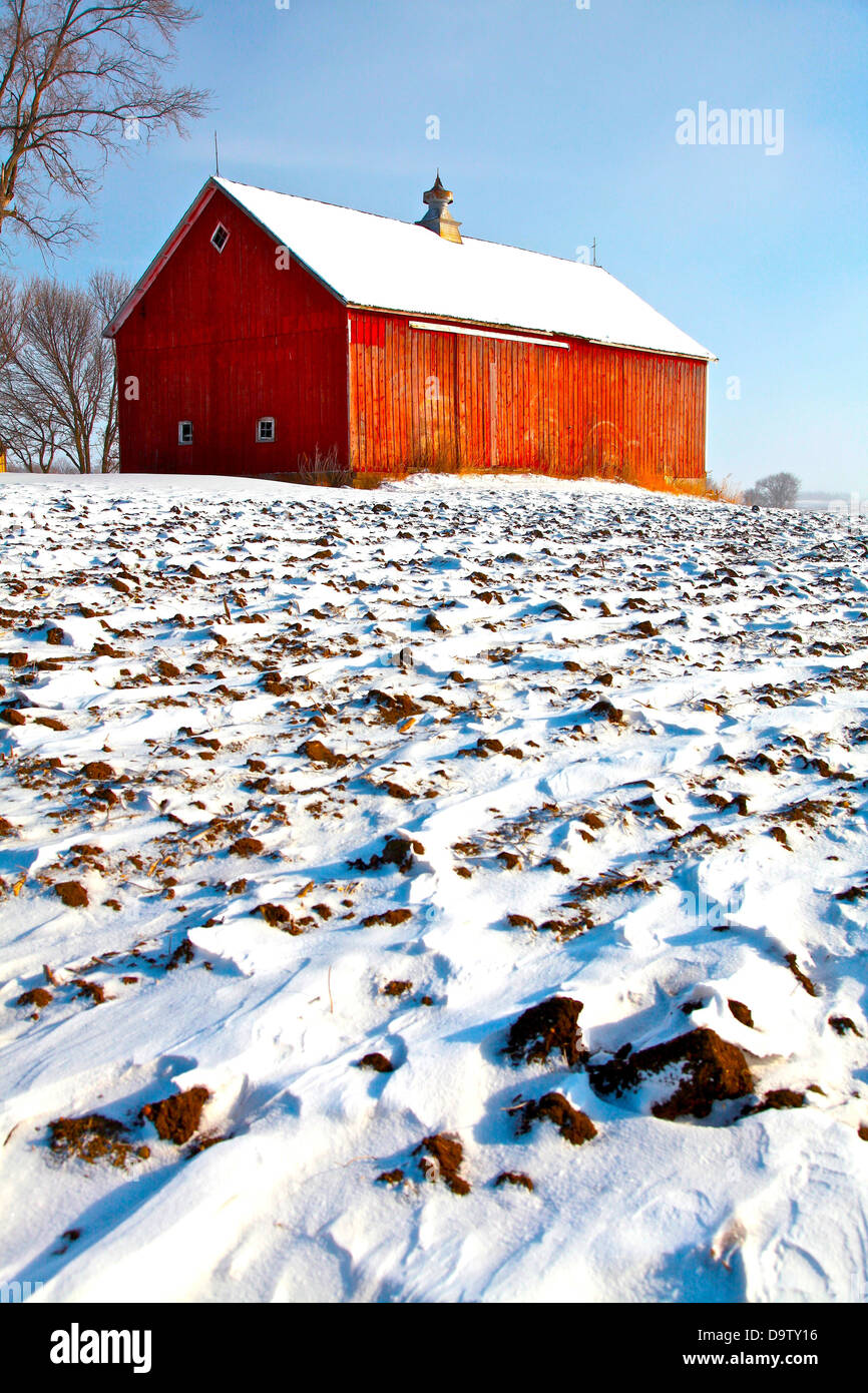 USA, Minnesota, Red Barn above Plowed Field in Winter Stock Photo - Alamy
