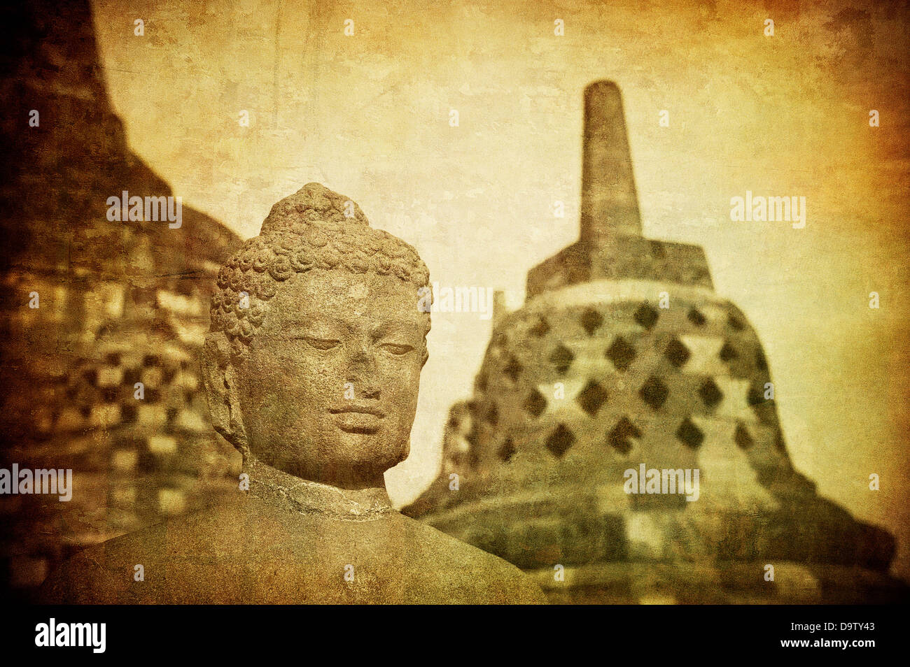 Vintage image of Buddha statue at Borobudur temple, Java, Indonesia ...