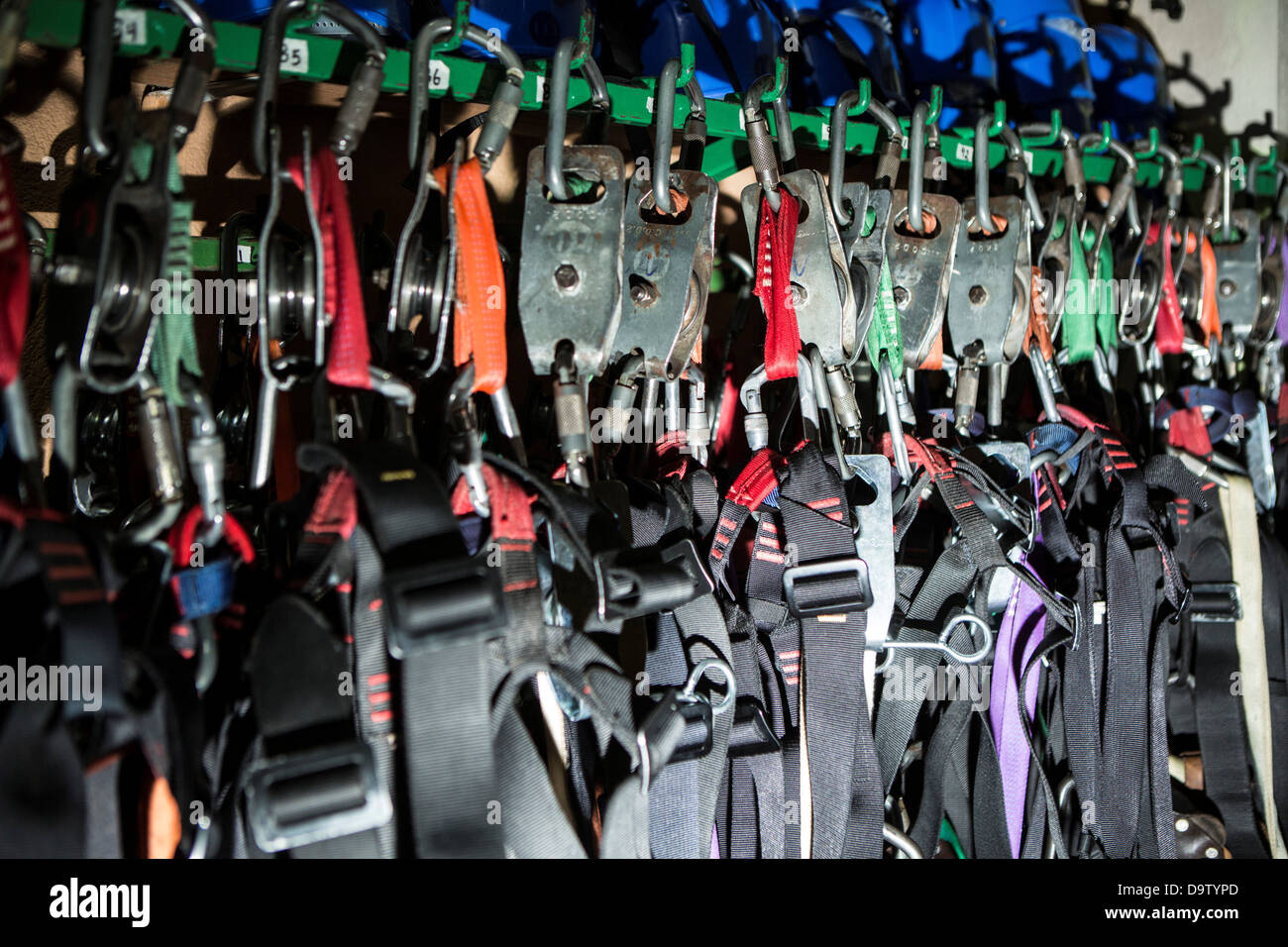 Zip line gear in the office of a zip line tour company, Costa Rica ...
