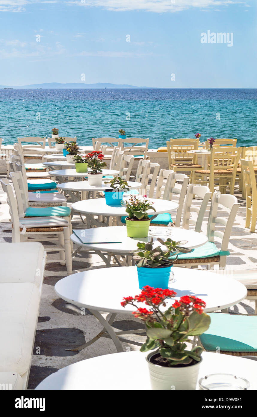 Beautiful cafeteria at the beach, on Mykonos island, Greece Stock Photo ...