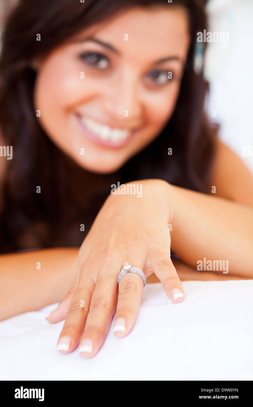 happy bride showing her wedding ring Stock Photo - Alamy