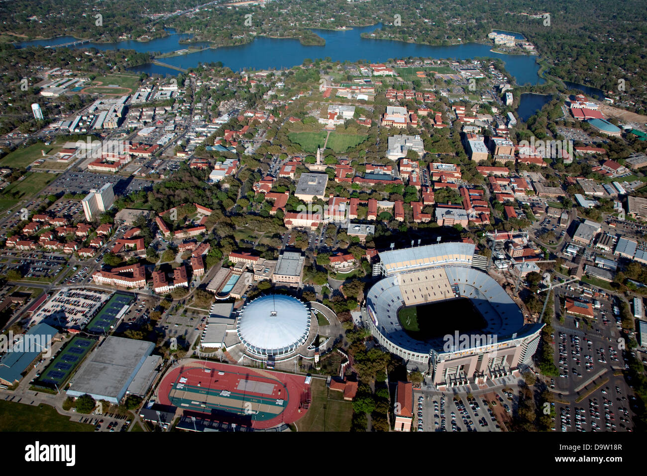 Aerial of Louisiana State University with University Lake in the ...
