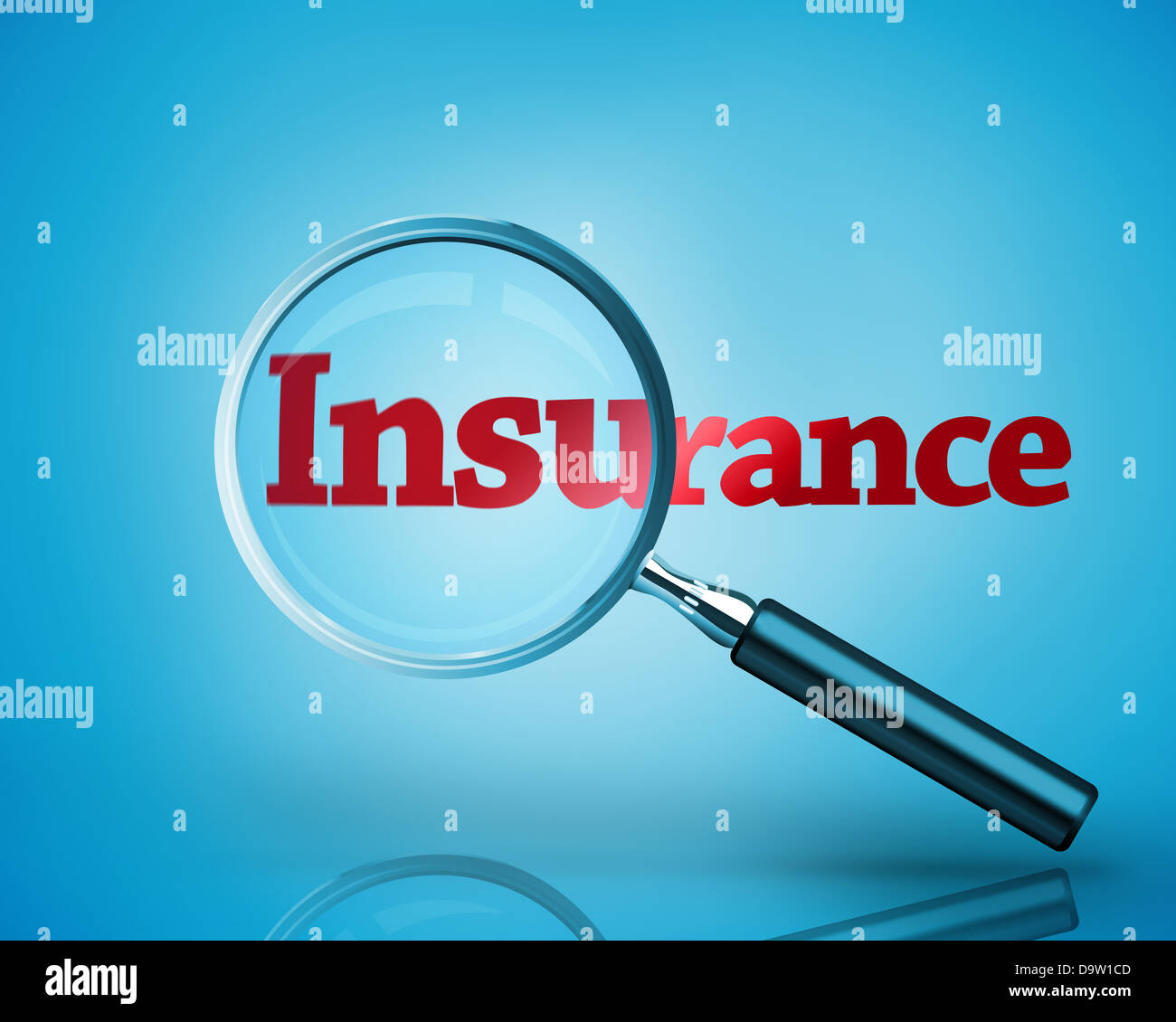 Magnifying glass revealing the word insurance written in red Stock ...