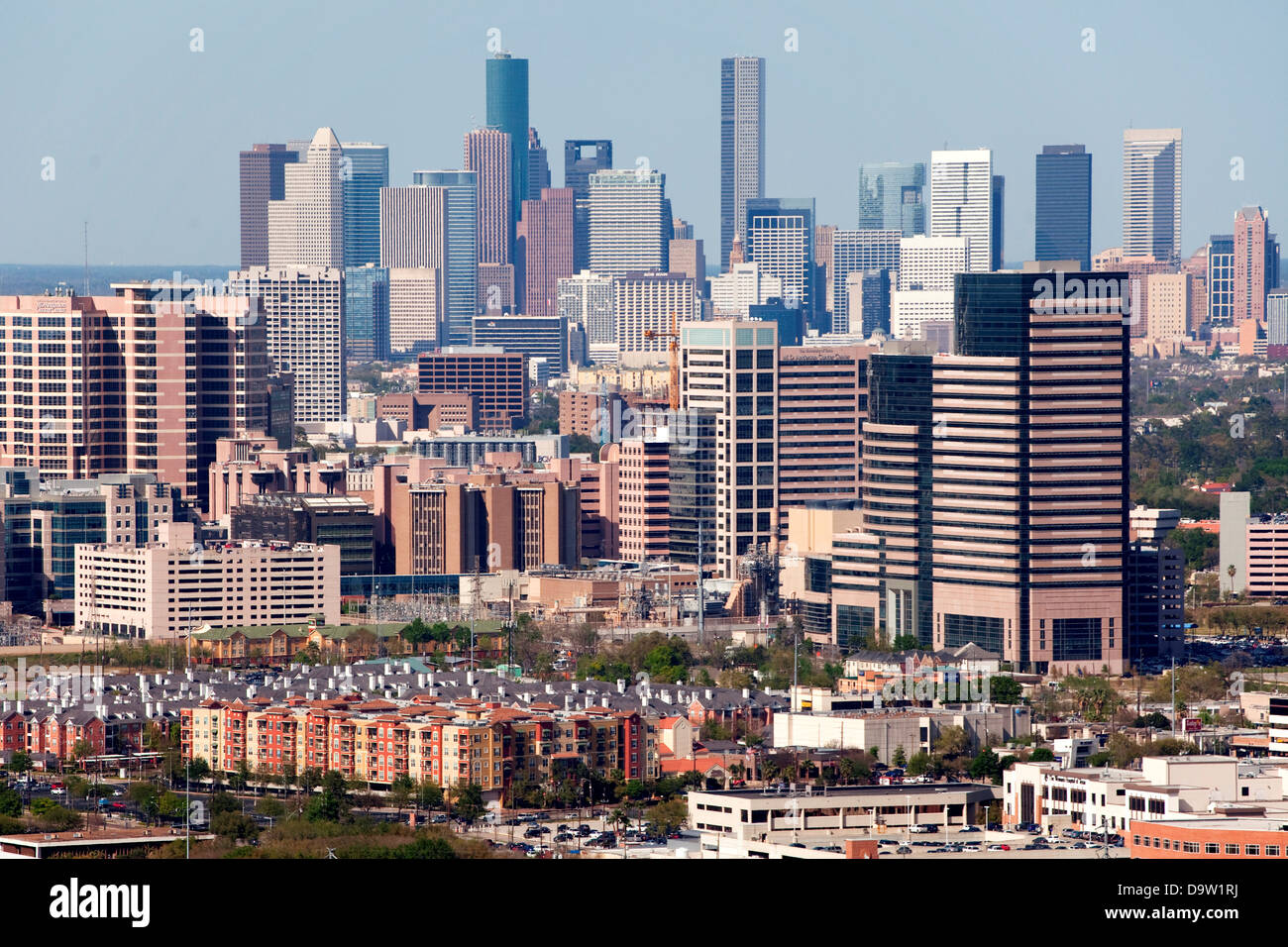 Aerial of the Texas Medical Center and Downtown Houston Skylines Stock ...