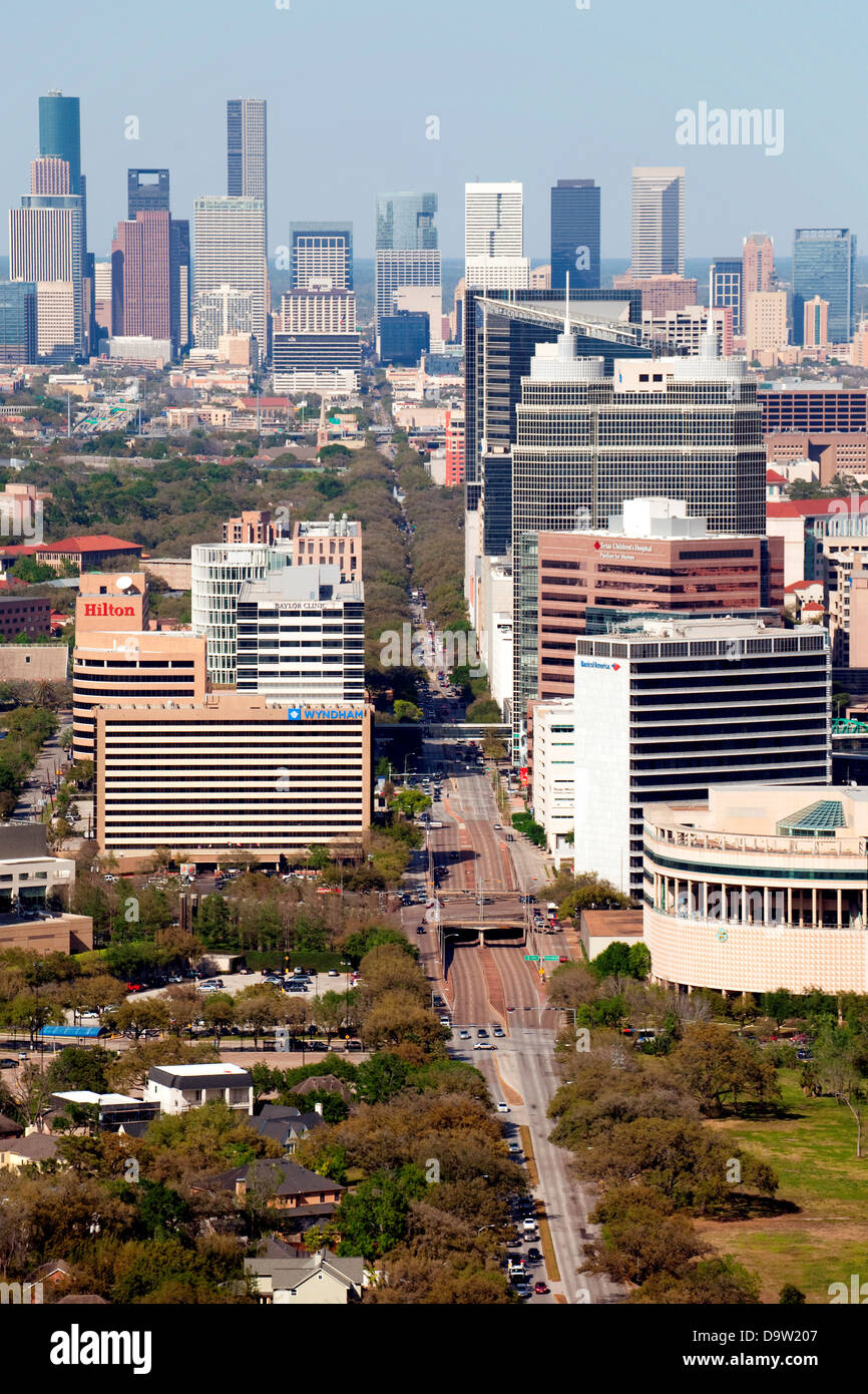 Aerial of Main Street connecting the Texas Medical Center and Downtown ...