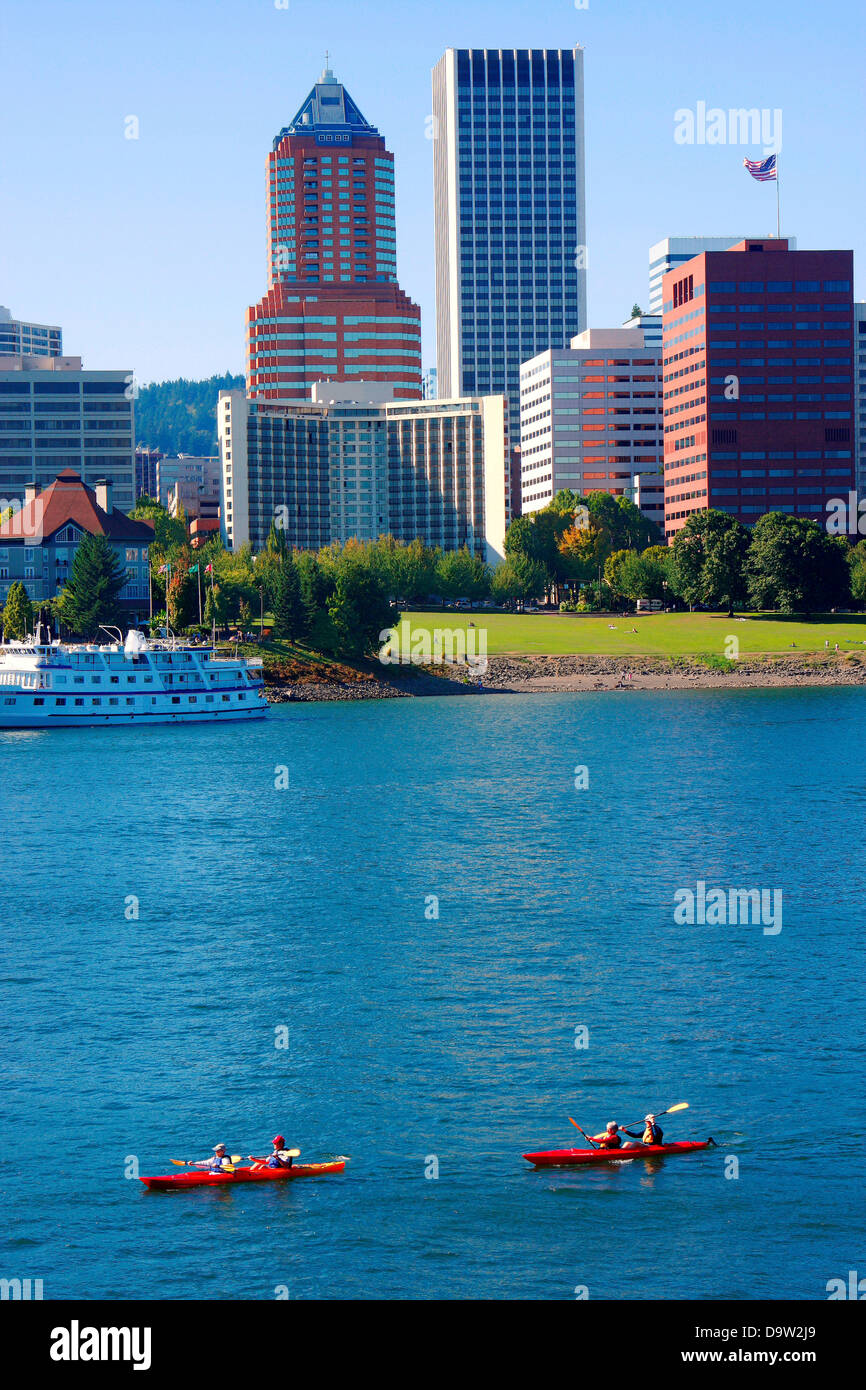 Kayaking on Willamette River in downtown Portland Orgegon Stock Photo ...