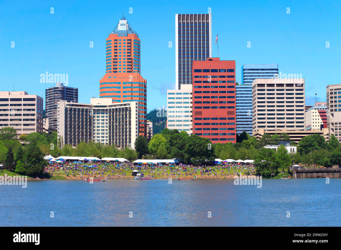 Close up of the central business district of Portland Oregon and the ...