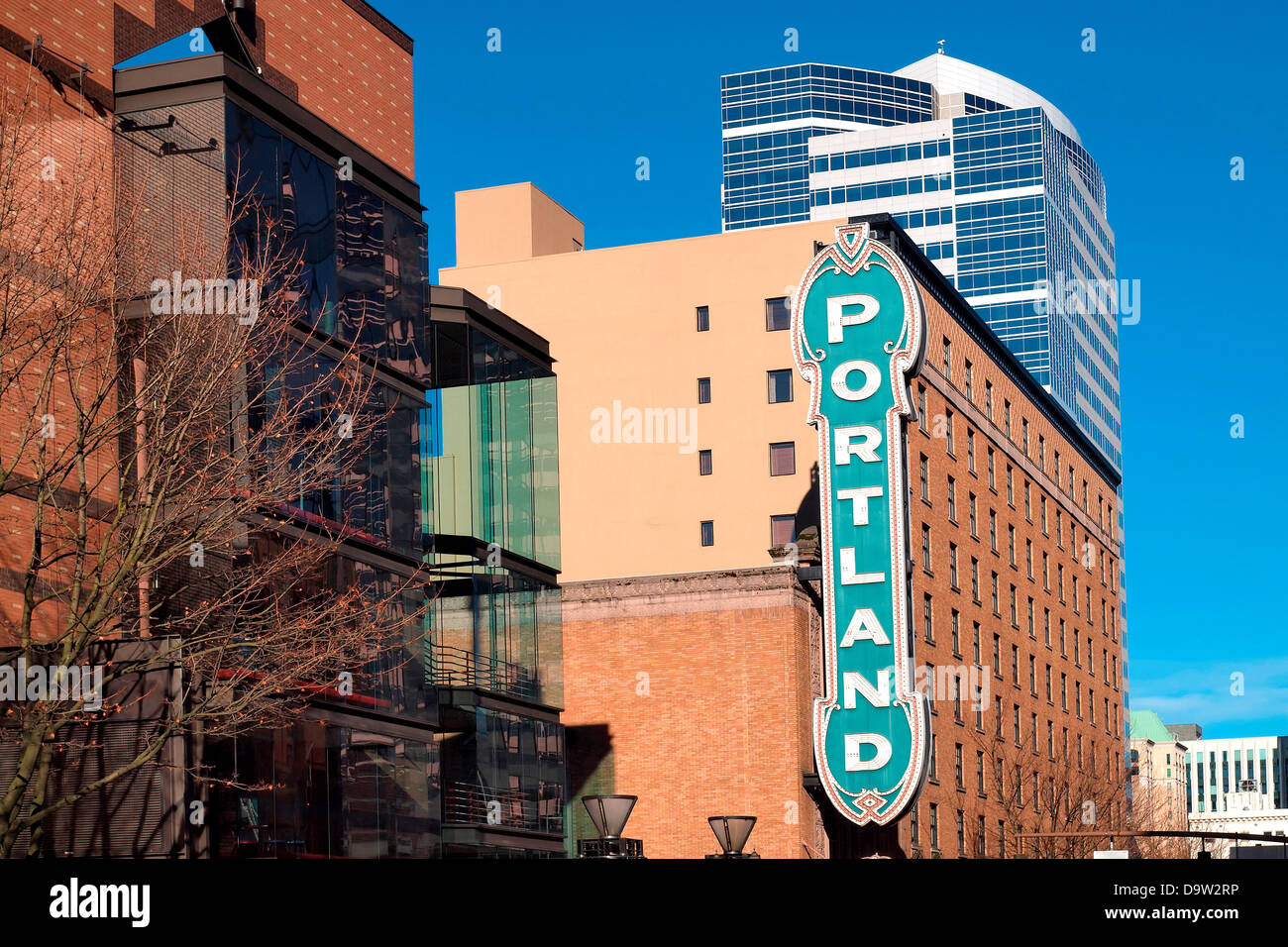 Large vertical sign at the Portland Center for Performing Arts Stock ...