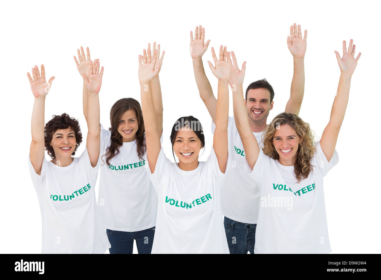 Group of volunteers raising arms Stock Photo - Alamy