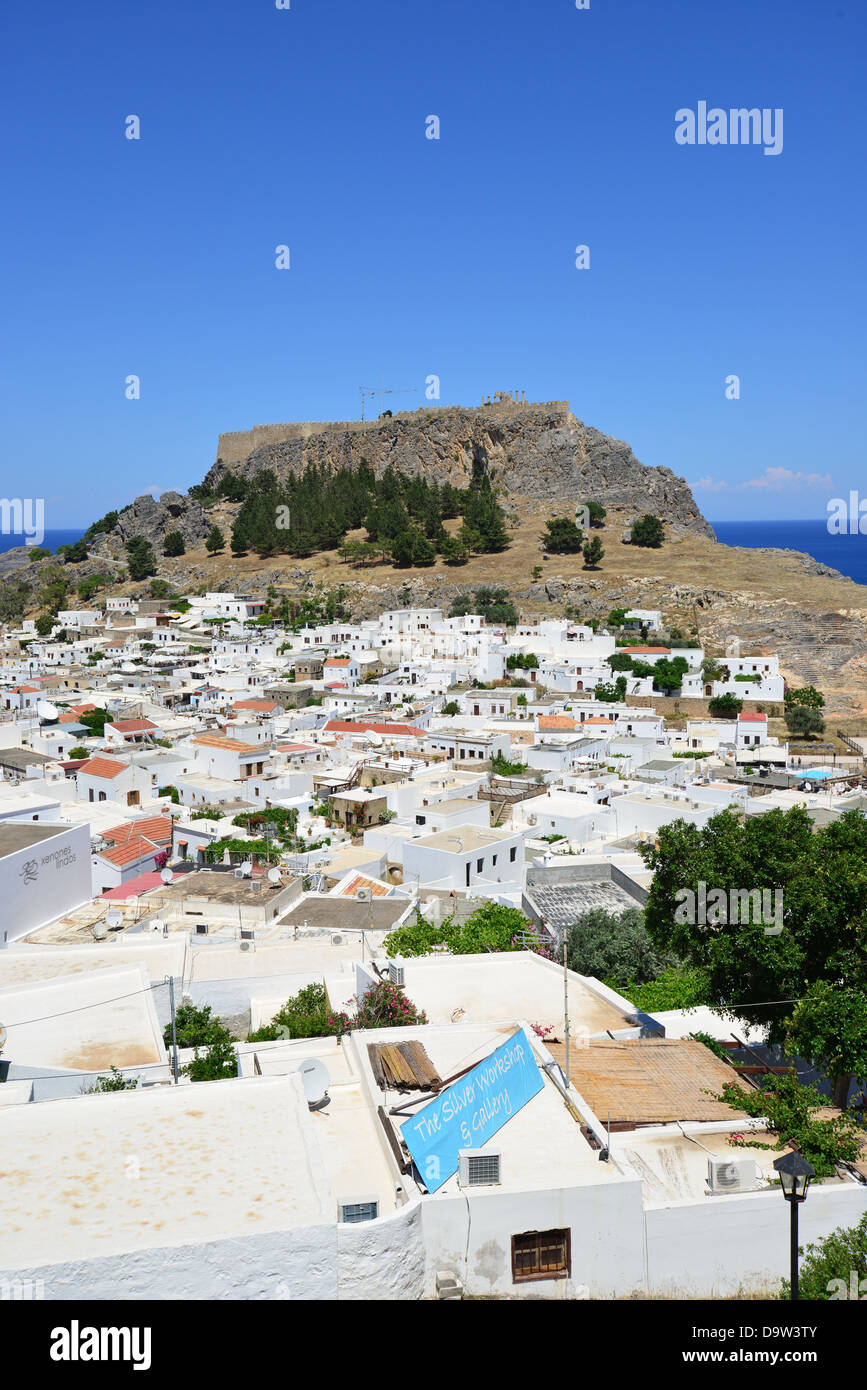 View of town and Acropolis of Lindos, Lindos, Rhodes (Rodos), The ...