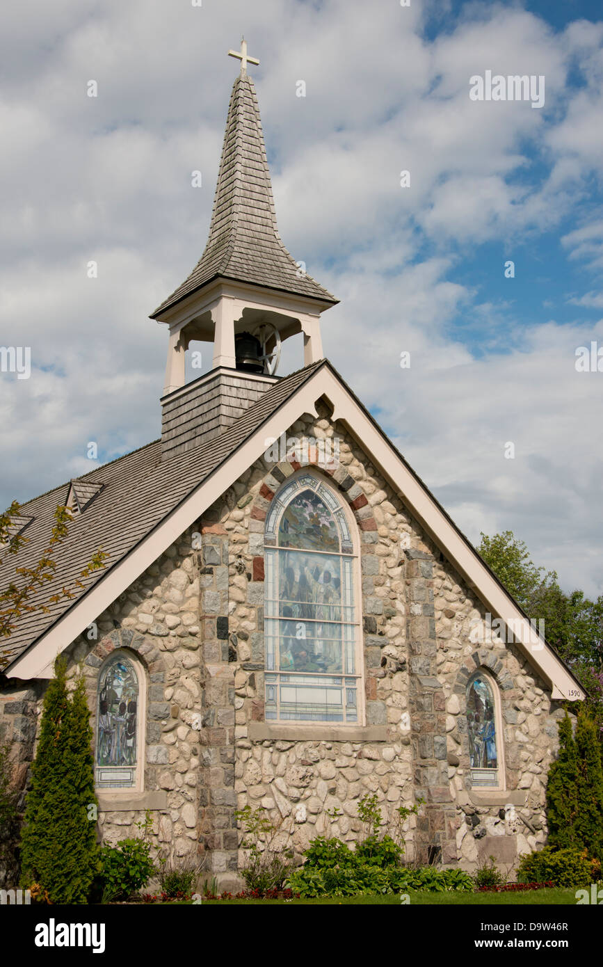 Michigan, Mackinac Island. Cadotte Ave., historic Little Stone Church ...
