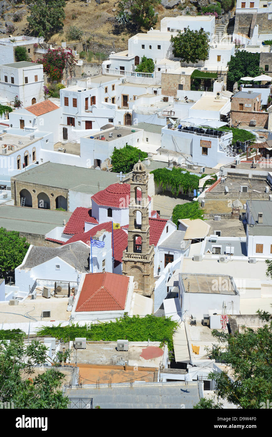 View of town showing The Panagia Byzantine Church, Lindos, Rhodes ...