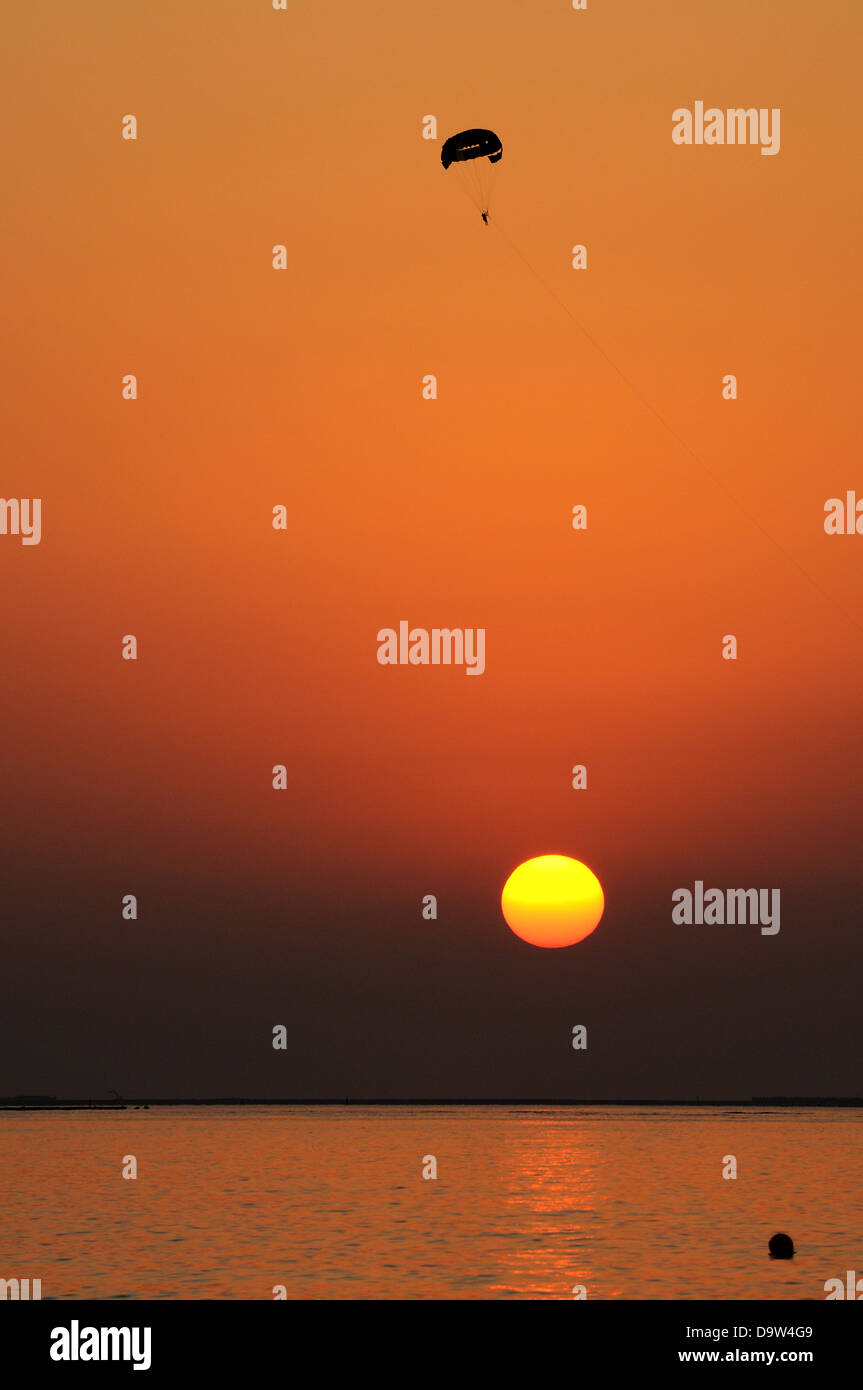 Parasailer over the sea at sunset, Dubai, United Arab Emirates Stock ...