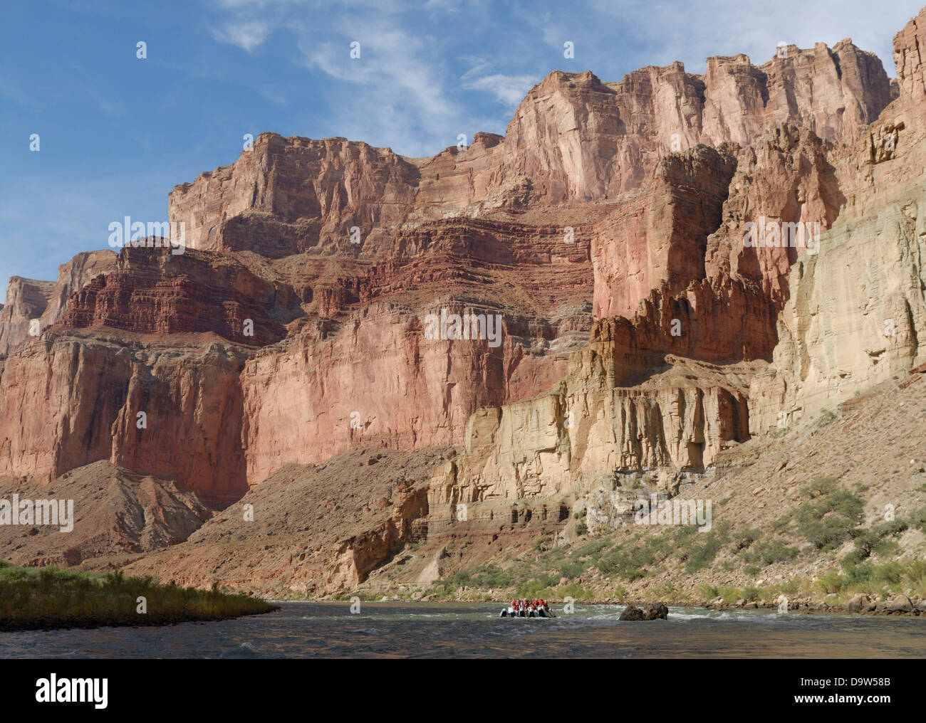 Raft floating through the beautiful scenery of the Grand Canyon seen ...