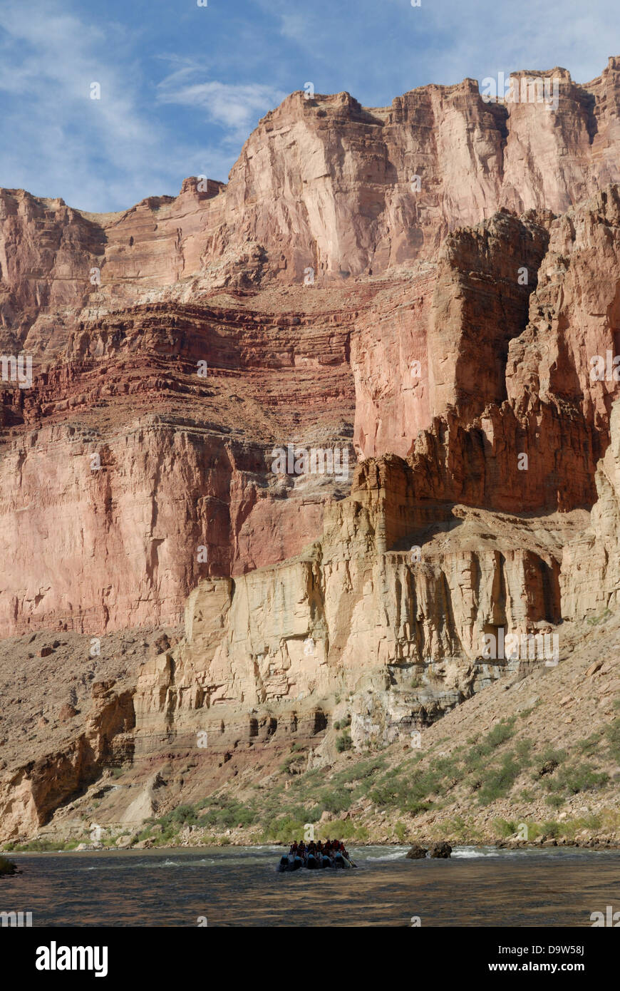 Raft floating through the beautiful scenery of the Grand Canyon seen ...