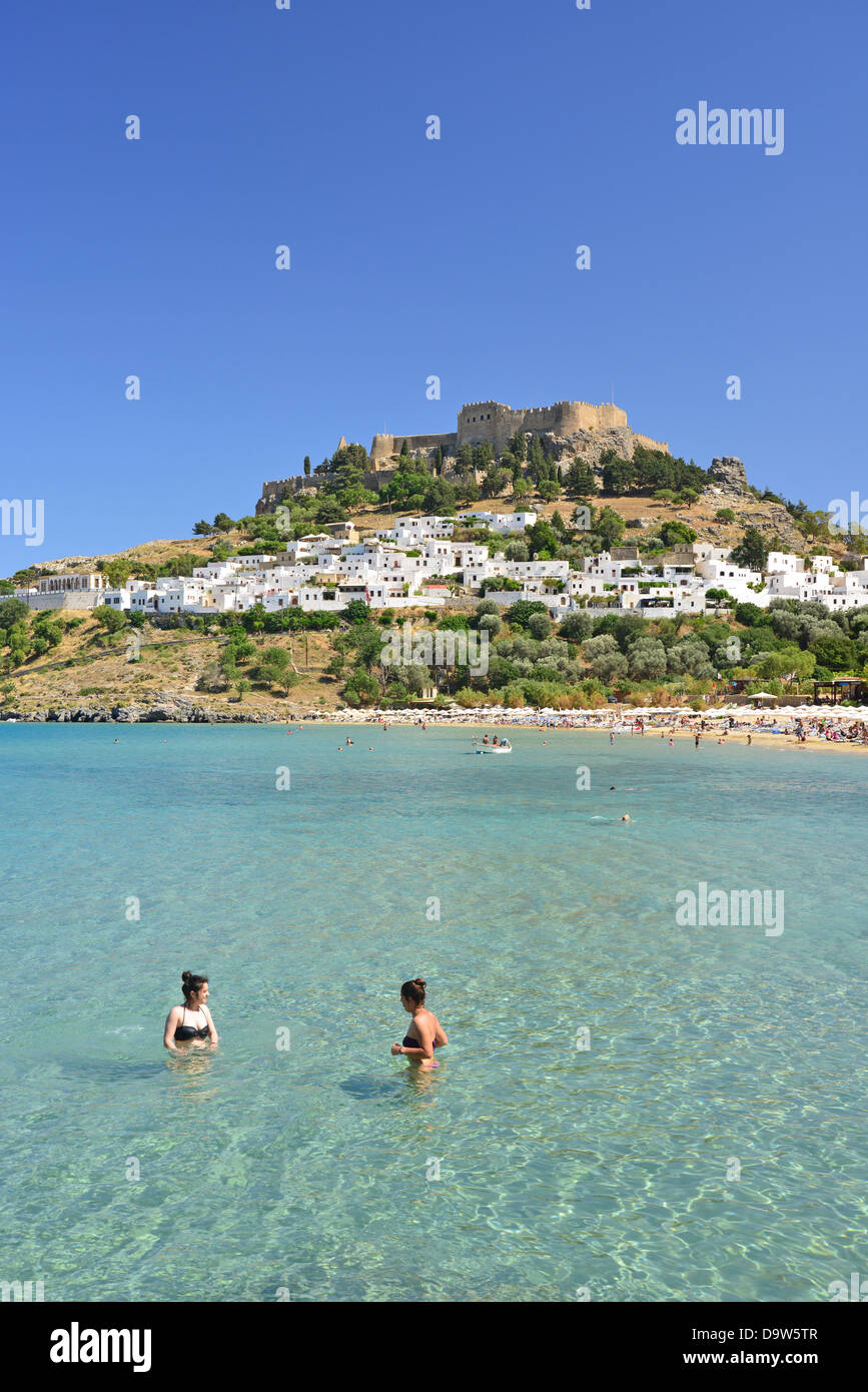 Town and acropolis from Lindos Main Beach, Lindos, Rhodes (Rodos), The ...