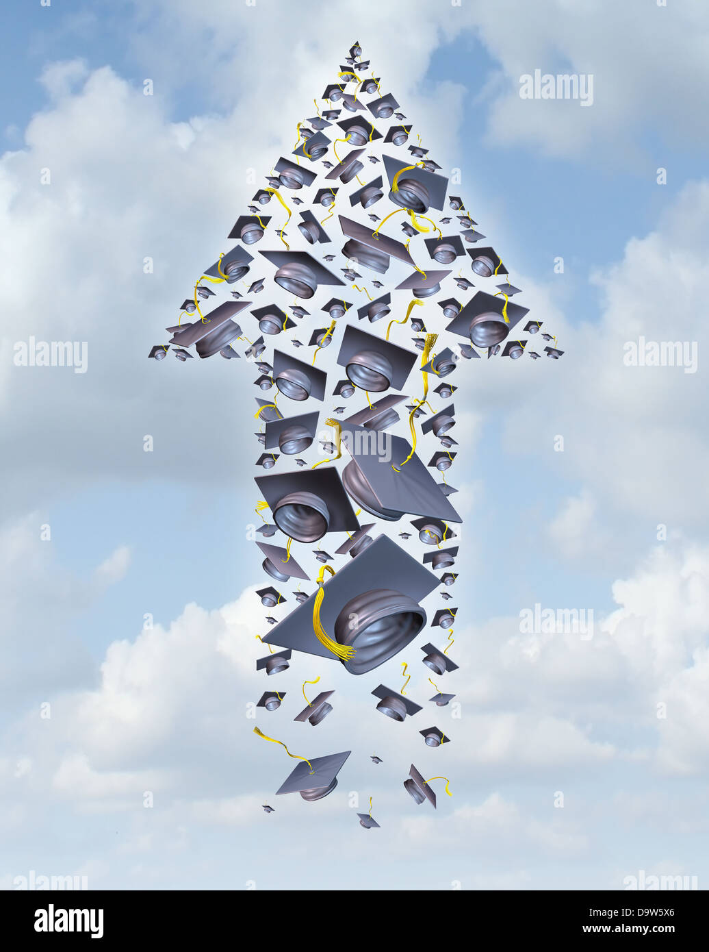 Education success as a group of graduation hats thrown up to the sky ...