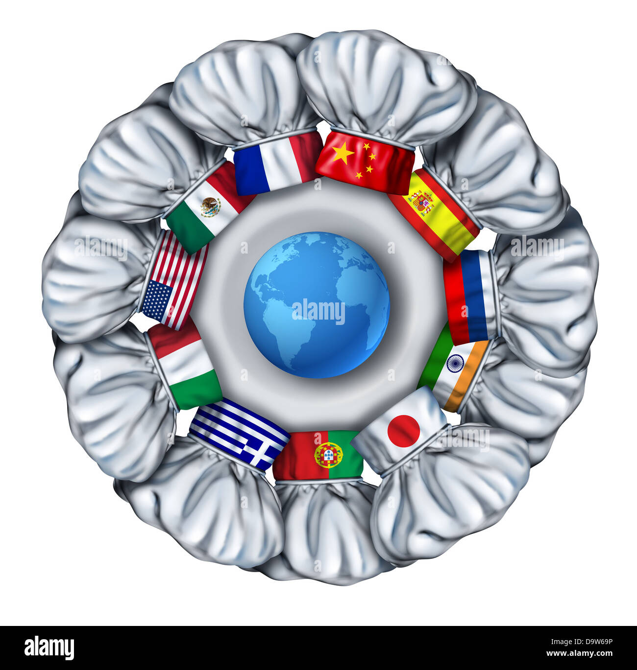 World cooking and international food dishes with a group of chef hats ...