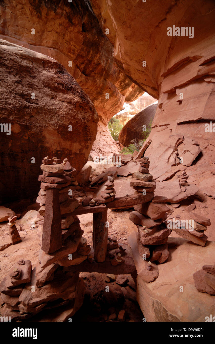Stone columns made by tourists in a cave, Canyonlands National Park ...