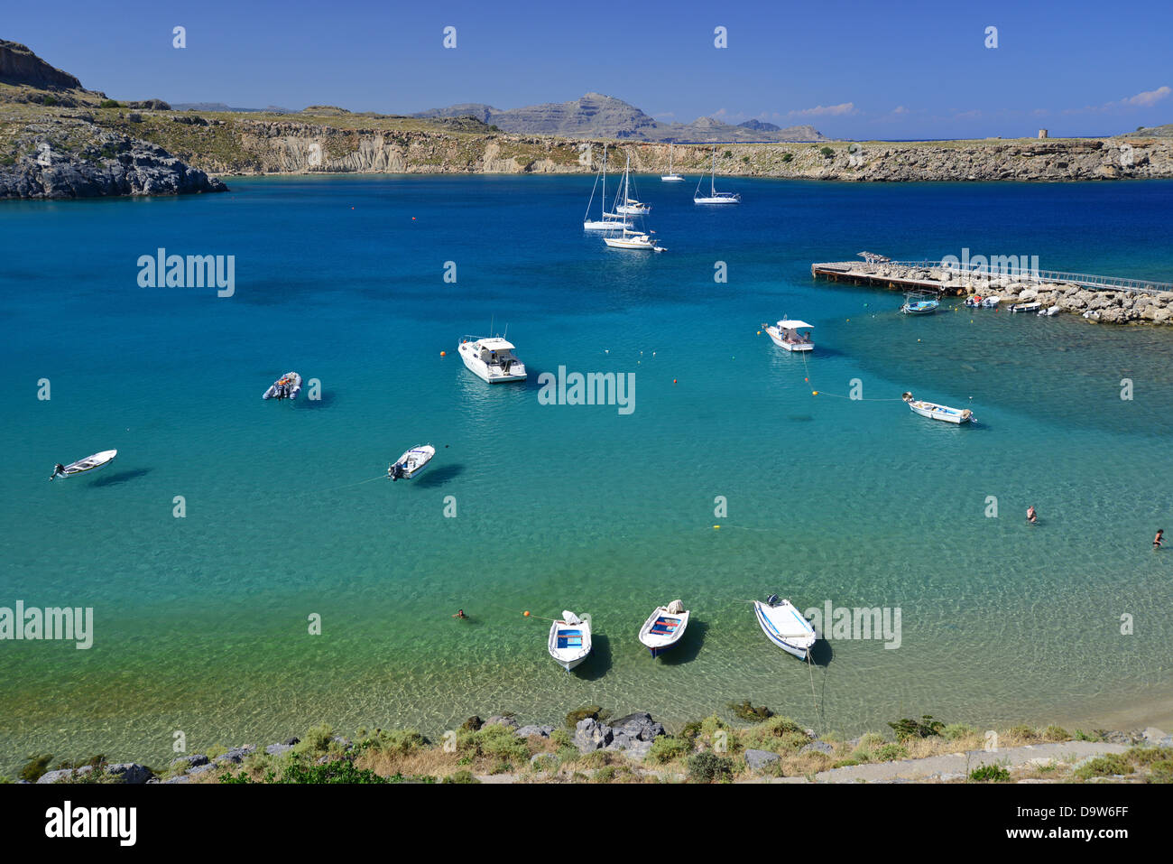 View of bay and Pallas Beach, Lindos, Rhodes (Rodos), The Dodecanese ...