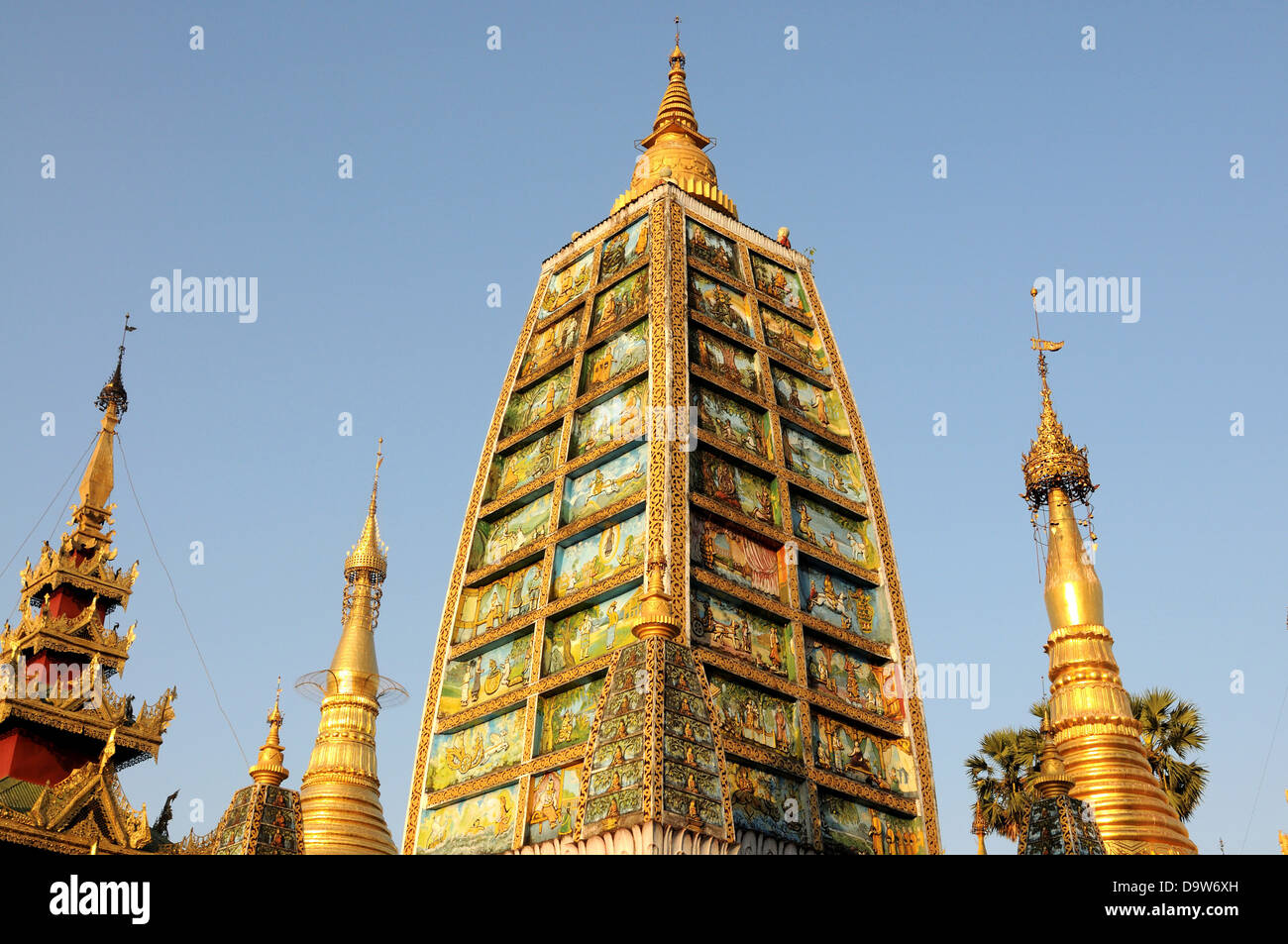 Low angle view of golden stupas in the Shwedagon Pagoda, Yangon ...