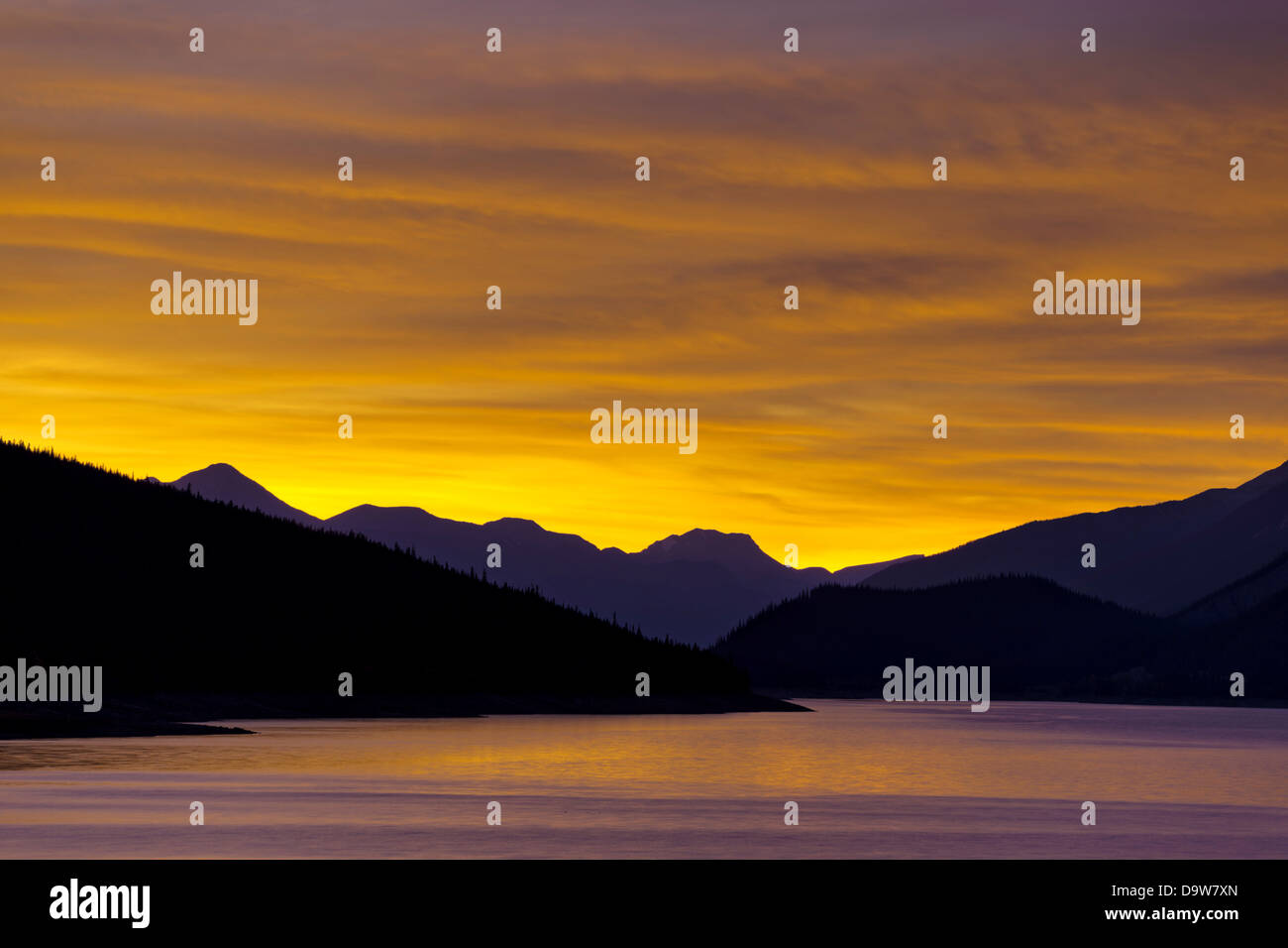 Canada, Alberta, Jasper National Park, Medicine Lake at sunset Stock ...