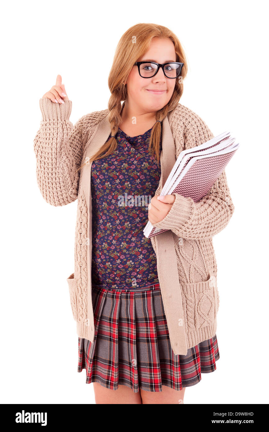 Silly nerd schoolgirl, posing over a white background Stock Photo - Alamy