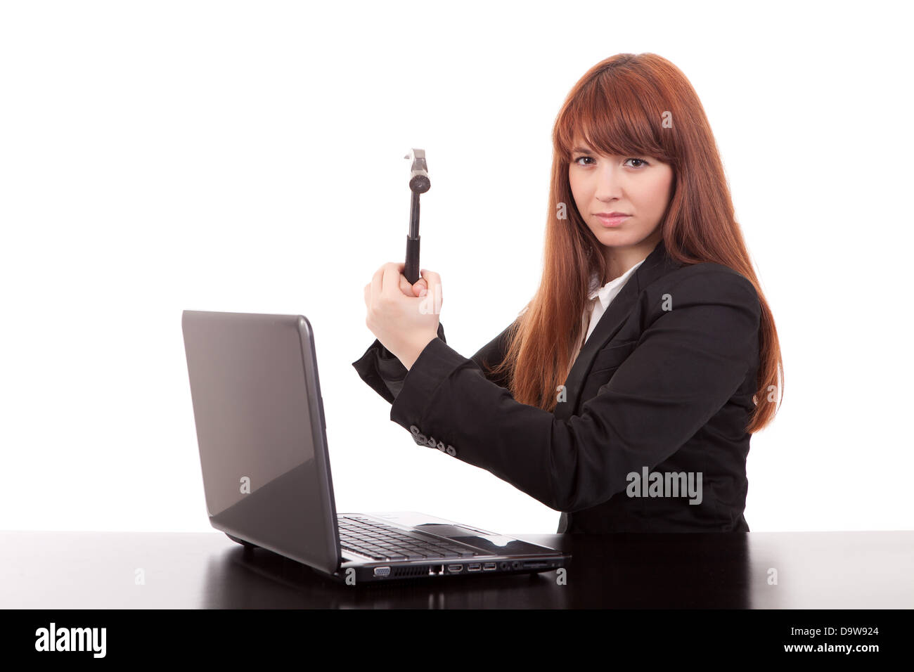 Fustrated businessman in her office threatening to destroy her PC with ...