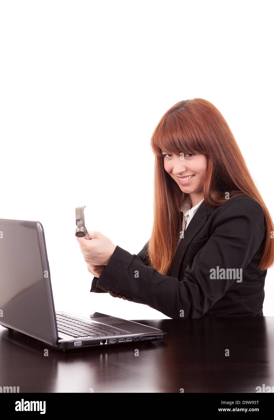 Fustrated businessman in her office threatening to destroy her PC with ...