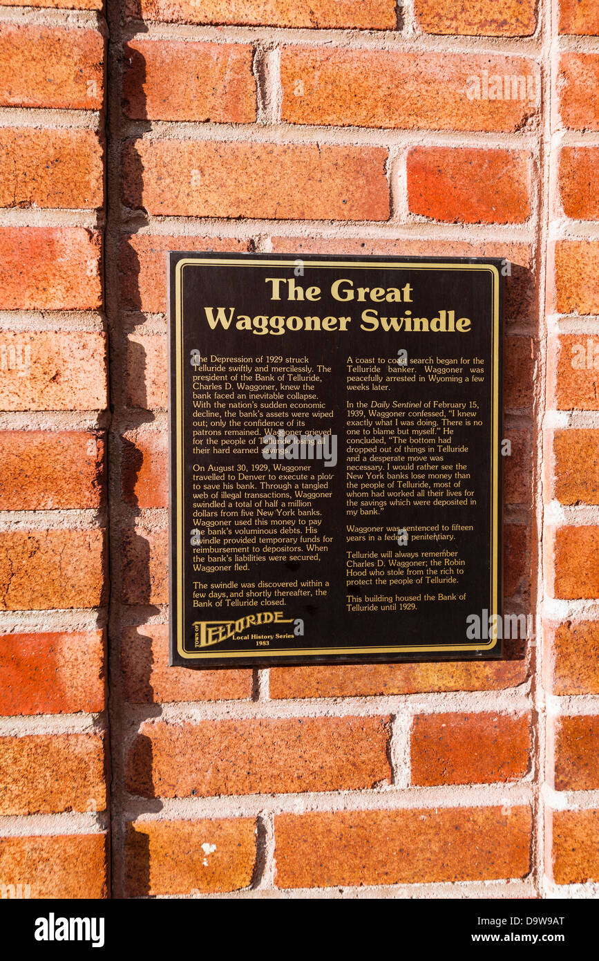 The Great Waggoner Swindle historic plaque, downtown Telluride ...
