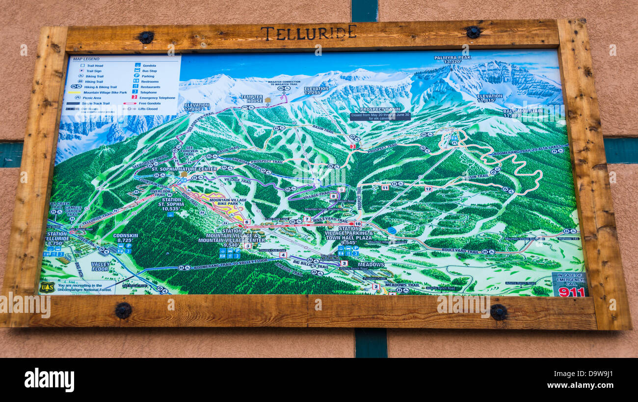 Ski resort hiking and biking trail map, Telluride, Colorado USA Stock ...