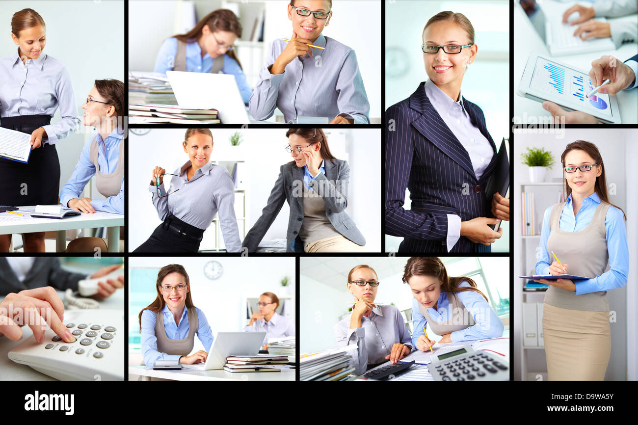 Collage of happy female colleagues working in office Stock Photo - Alamy