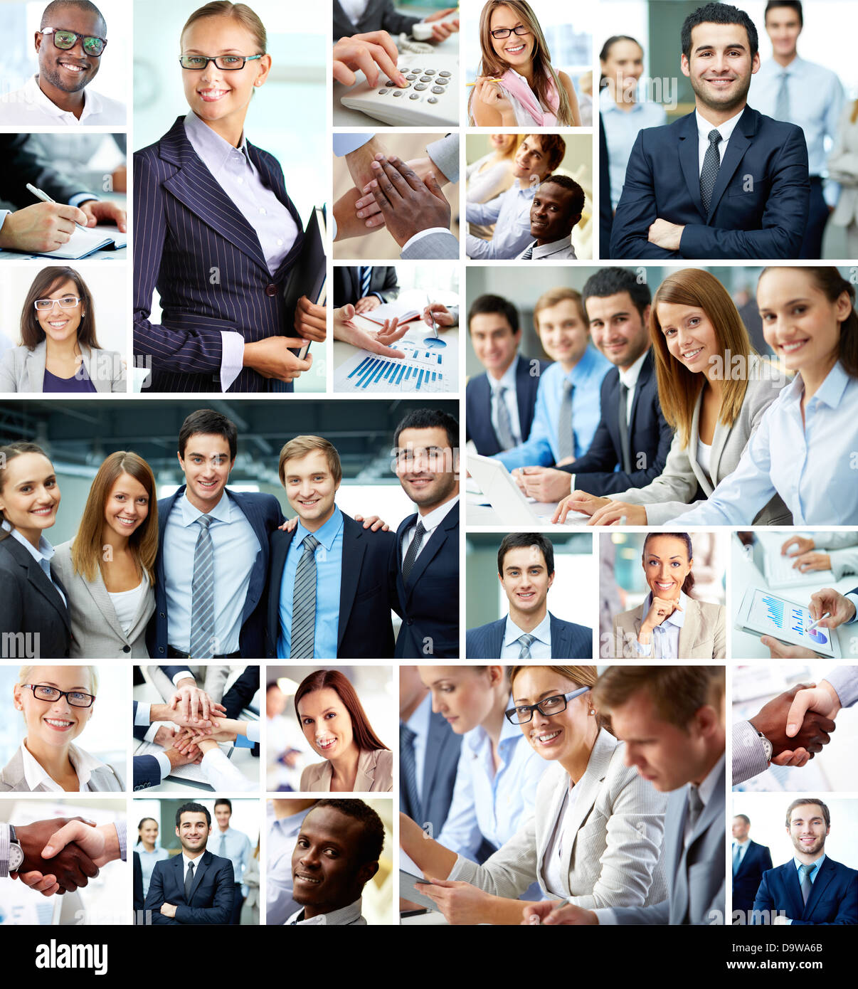 Collage of smart businesspeople and hands of co-workers Stock Photo - Alamy