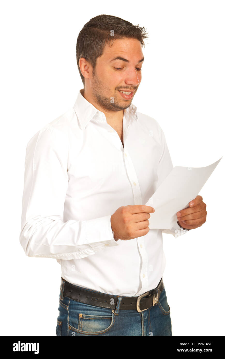 Funny man reading a paper isolated on white background Stock Photo - Alamy