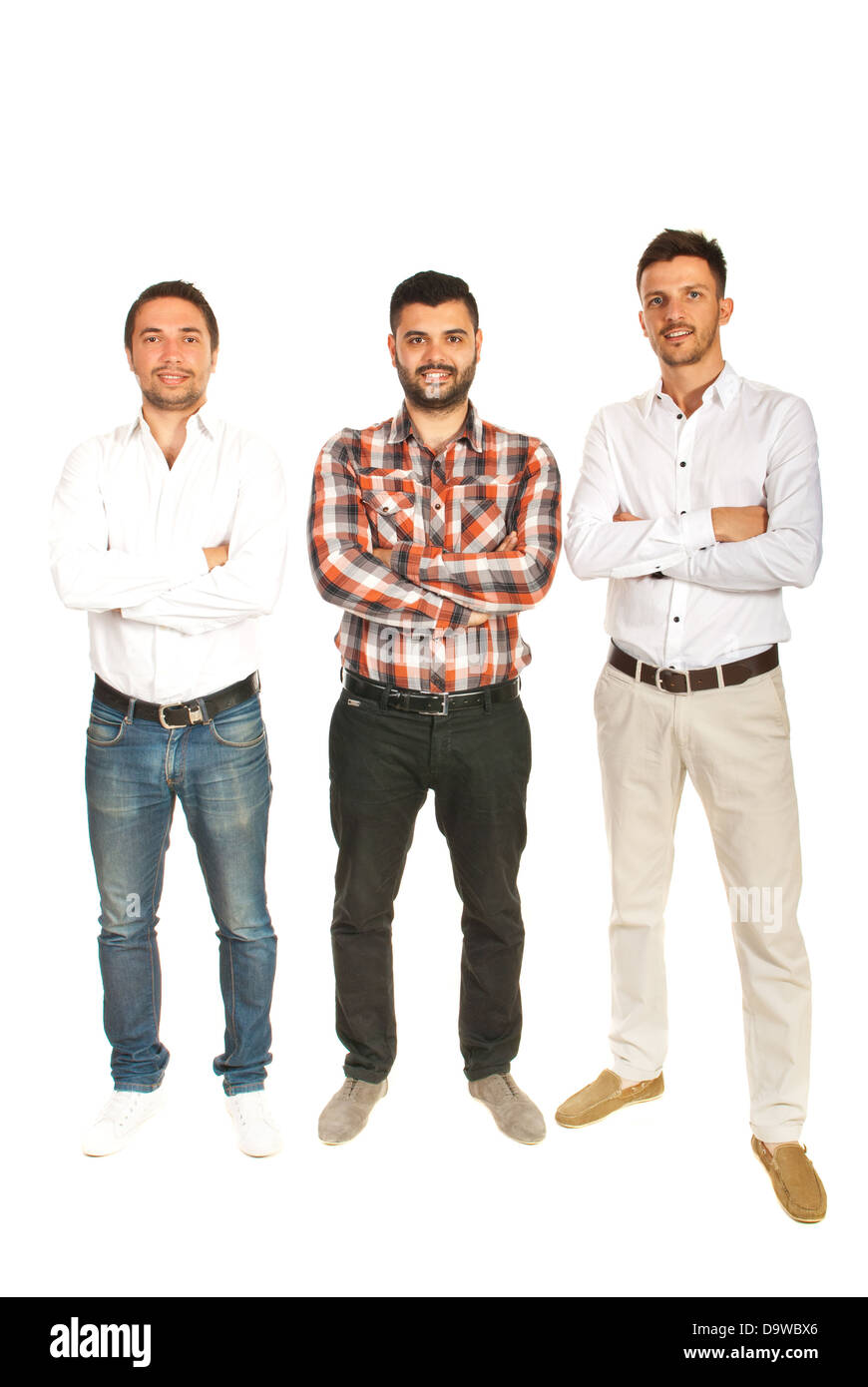Casual three business men standing in a line with arms folded isolated ...