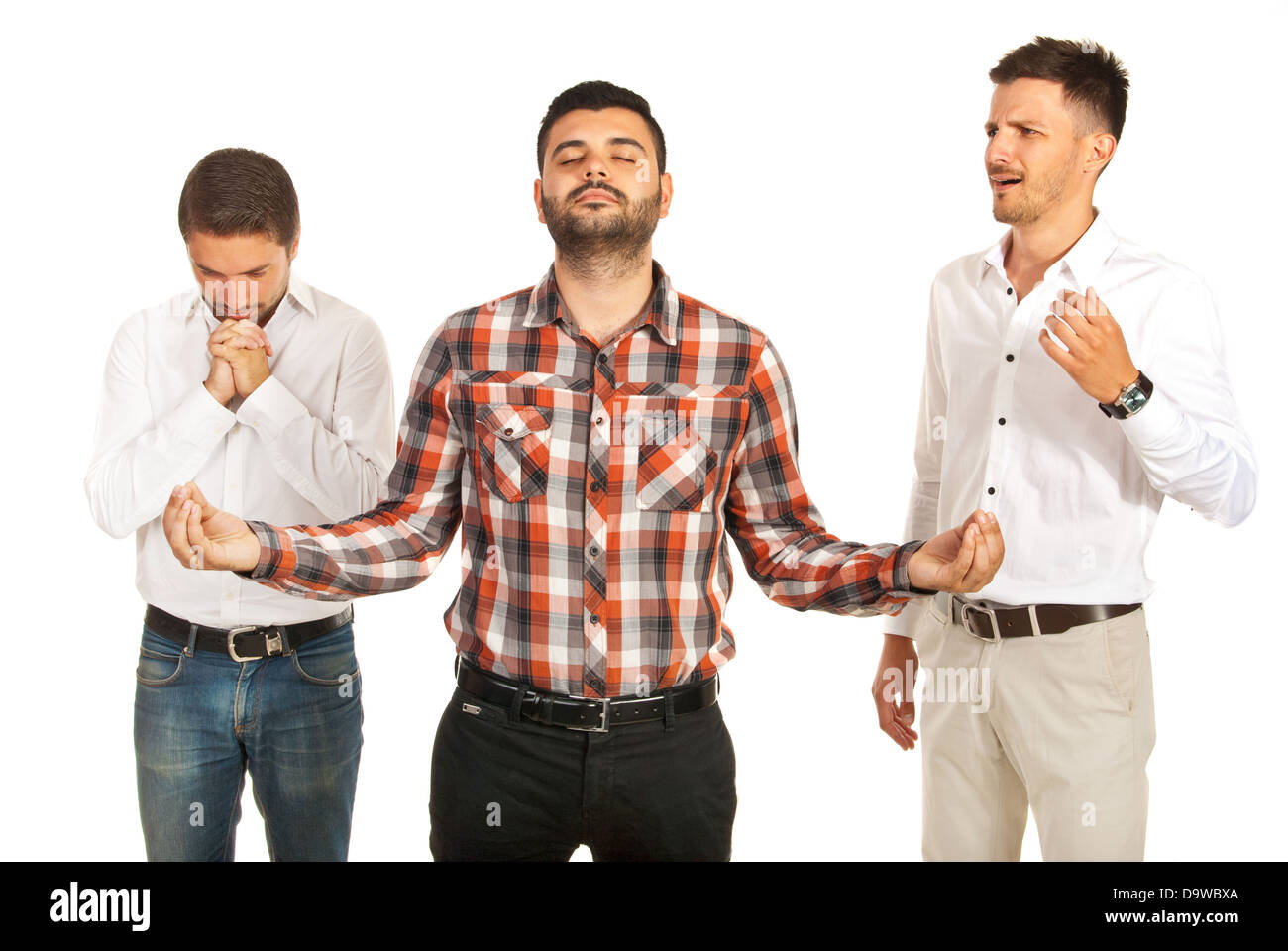 One man praying,other man meditate and another looking them and being ...