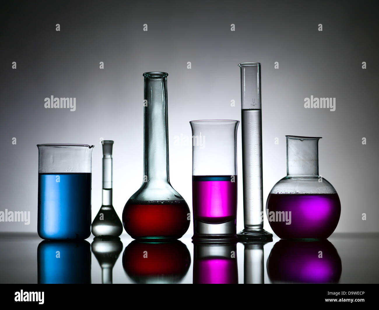 lateral view of different sizes and shapes of laboratory glassware ...