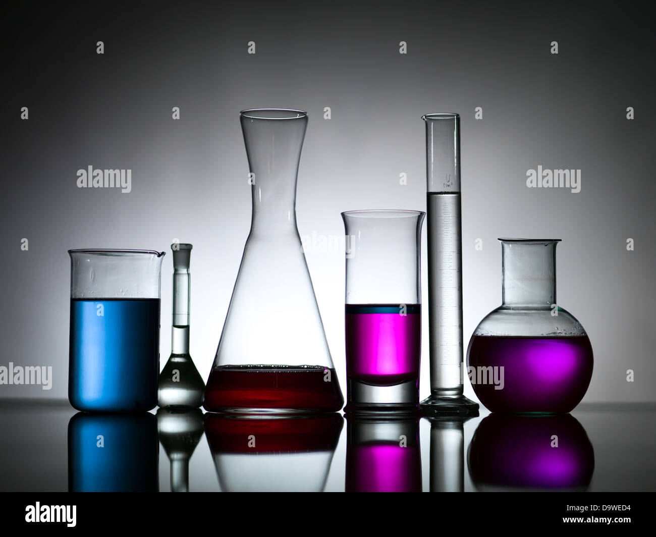 lateral view of different sizes and shapes of laboratory glassware ...