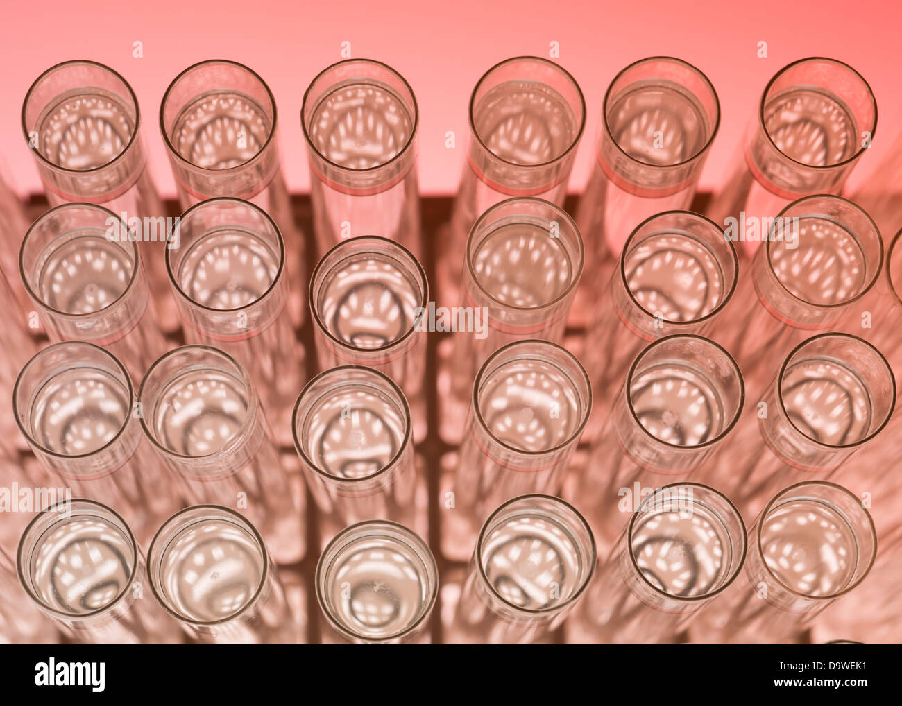 Close-up of a set of aligned test tubes in a rack on a red background ...