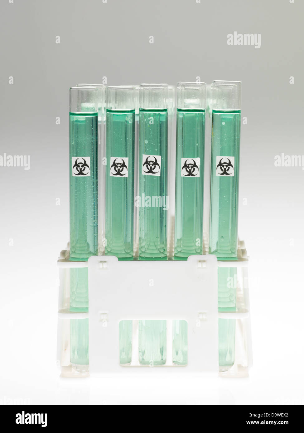 front view of experimental test tubes filled with transparent green ...