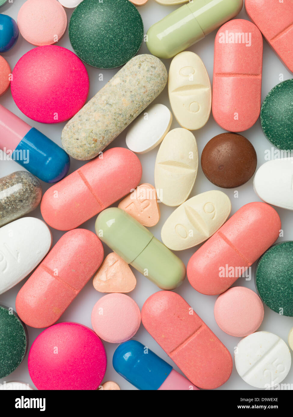 Macro of a set of medicines of different types and shapes in various ...