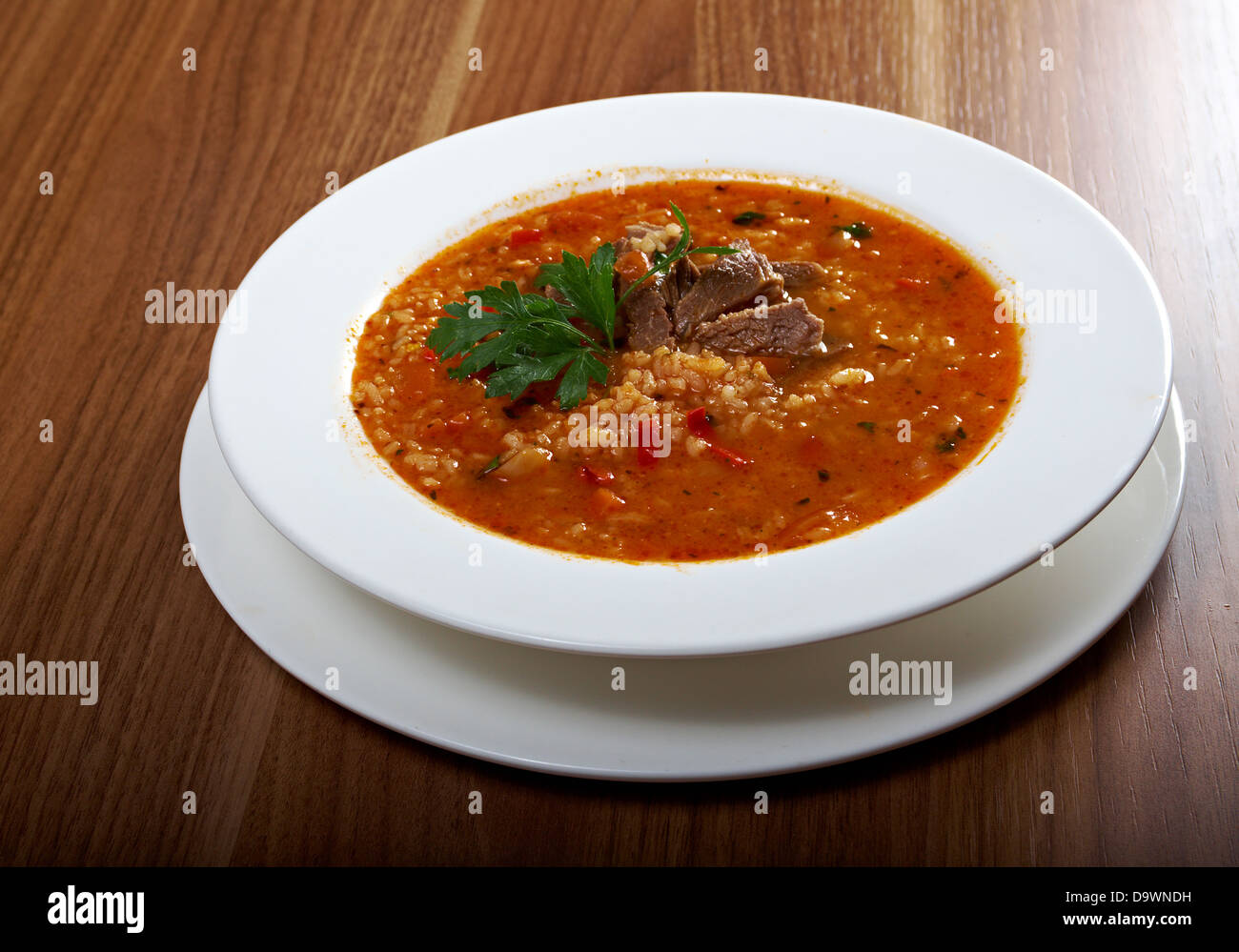 Soup Kharcho, traditional Georgian soup with meat and rice Stock Photo ...