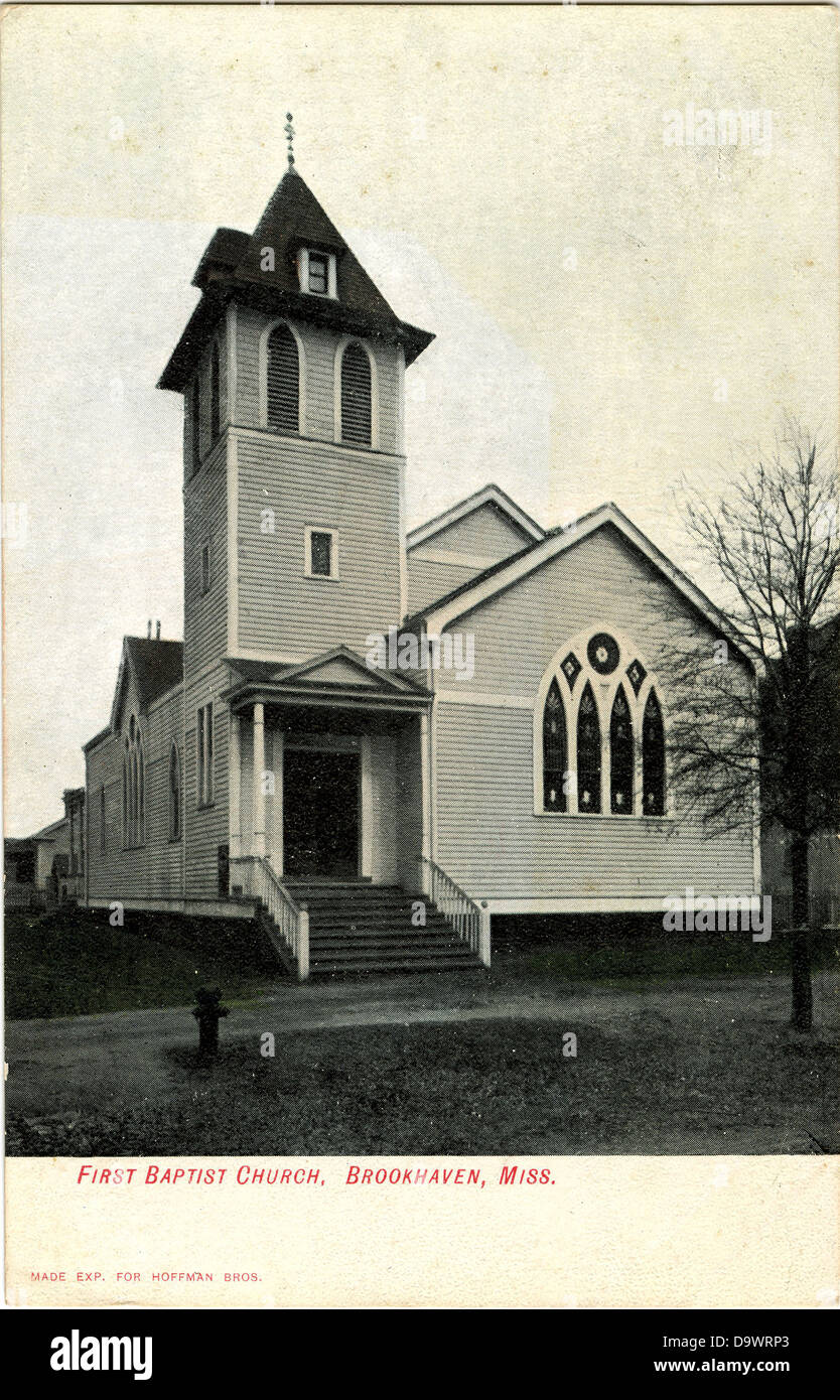 A postcard of the First Baptist Church in Brookhaven, Mississippi. The ...